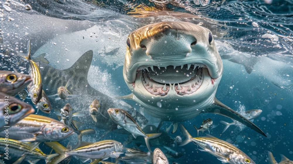A fierce battle unfolds in the depths as a sleek tiger shark lunges for ...