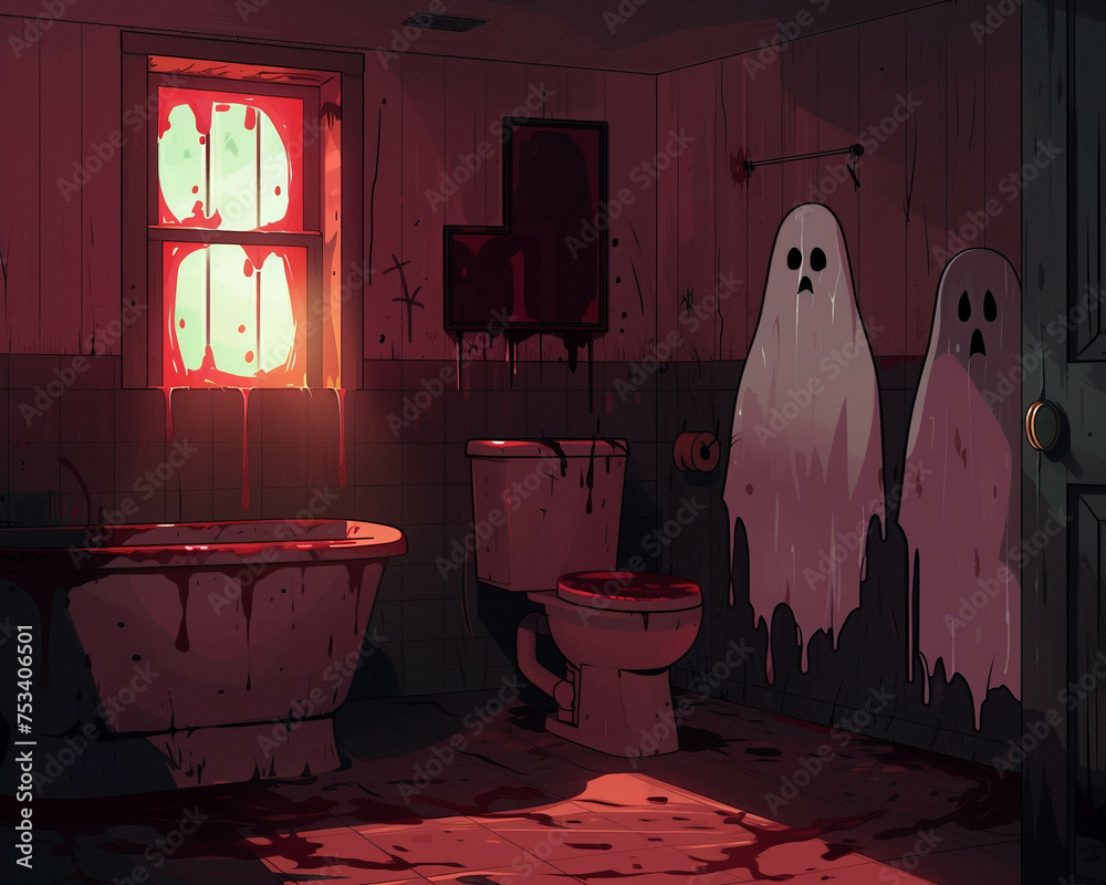 Cartoon horror in a dark bathroom ghosts and blood create a terrifying ...