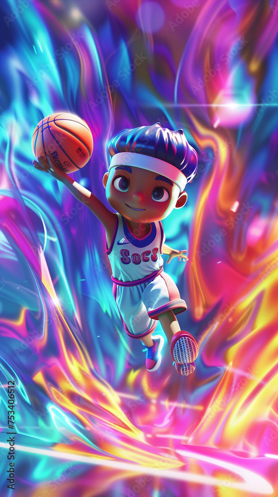 Chibi basketball player in 3D cartoon colorful aura as they enter the ...