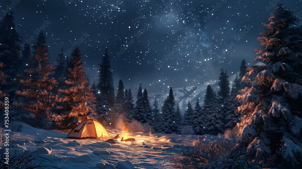 winter camping scene in the backcountry, with a lone camper sitting by ...