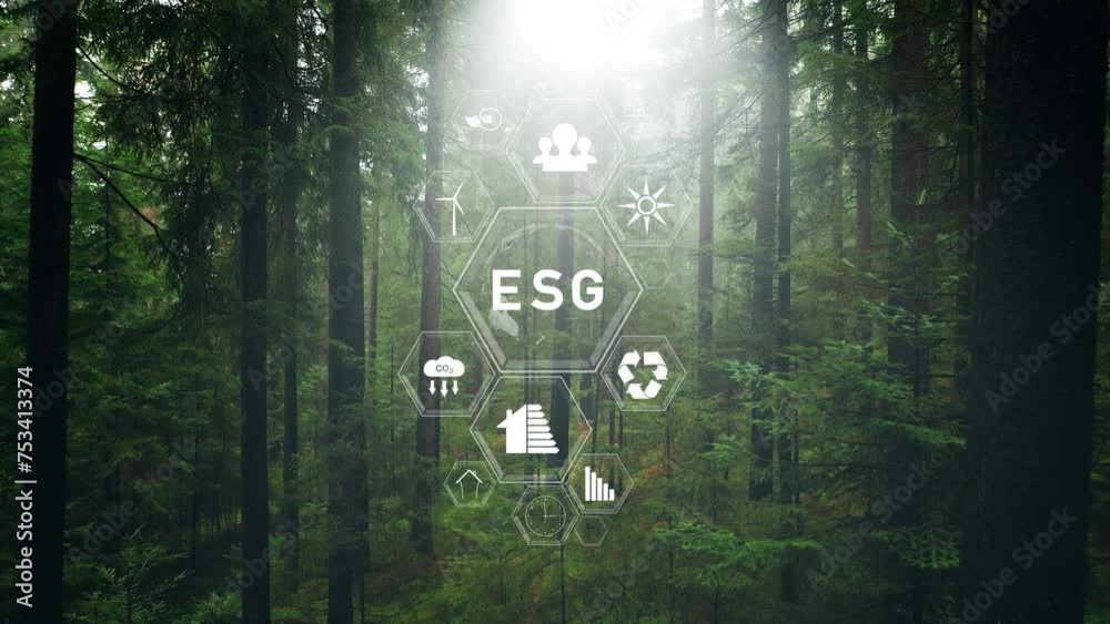 Magic foggy green forest tree landscape with concept esg icons ...