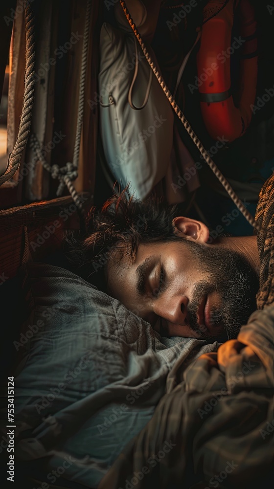 Jonah sleeping in the cabin of a ship. Bible story. Stock Photo | Adobe ...