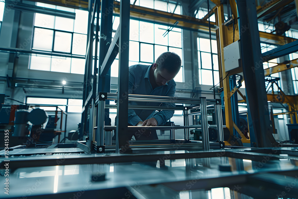 an engineer doing calculations on a metal frame to test it for strength ...