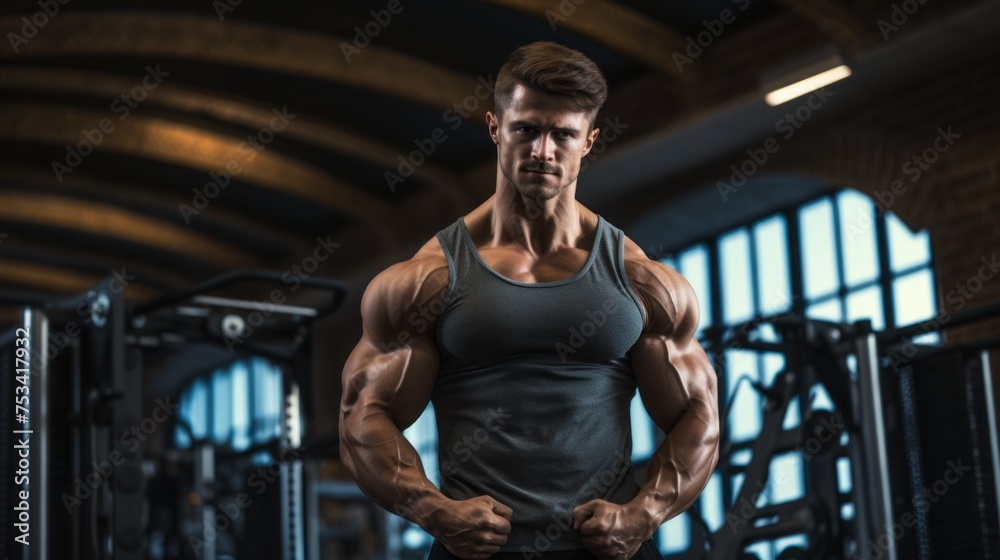 A brutal strong Man, a bodybuilder with pumped muscles, shoulders ...