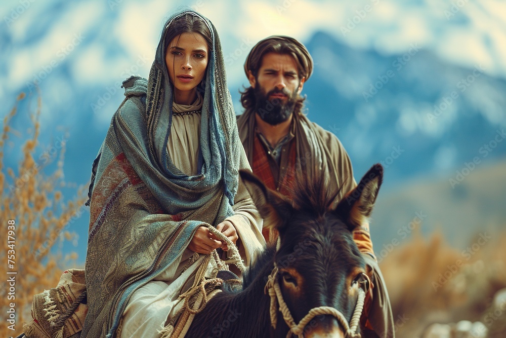 Pregnant Mary and Joseph is riding on a donkey, Bible story. Stock ...