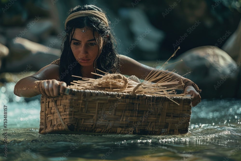 Pharaoh's daughter's handmaid brings out of the river straw basket with ...