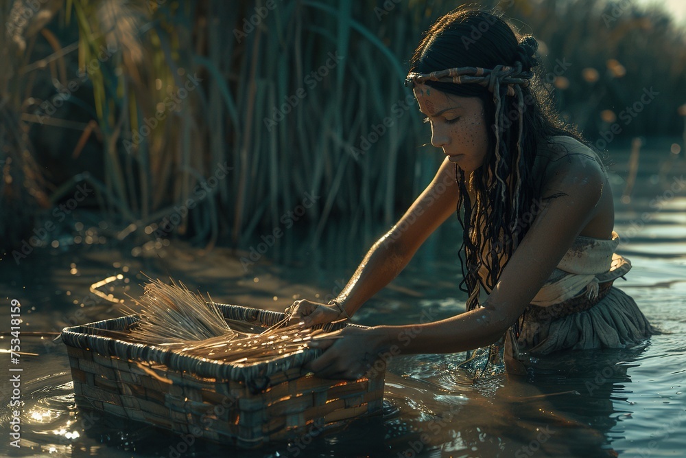 Pharaoh's daughter's handmaid brings out of the river straw basket with ...