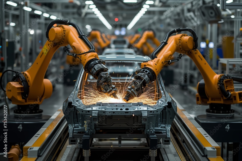Sparks fly as robotic arms weld car body in a dynamic display of industrial automation in ...