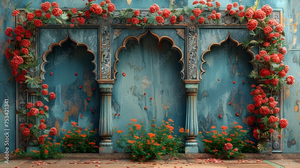 3D Background with Blue Doors and Flowers in Hindu Art Style, To ...