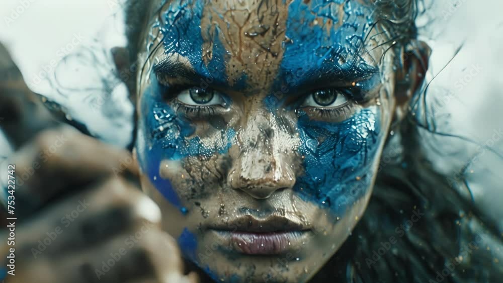 A female Celtic warrior her face adorned with blue war paint grips a ...