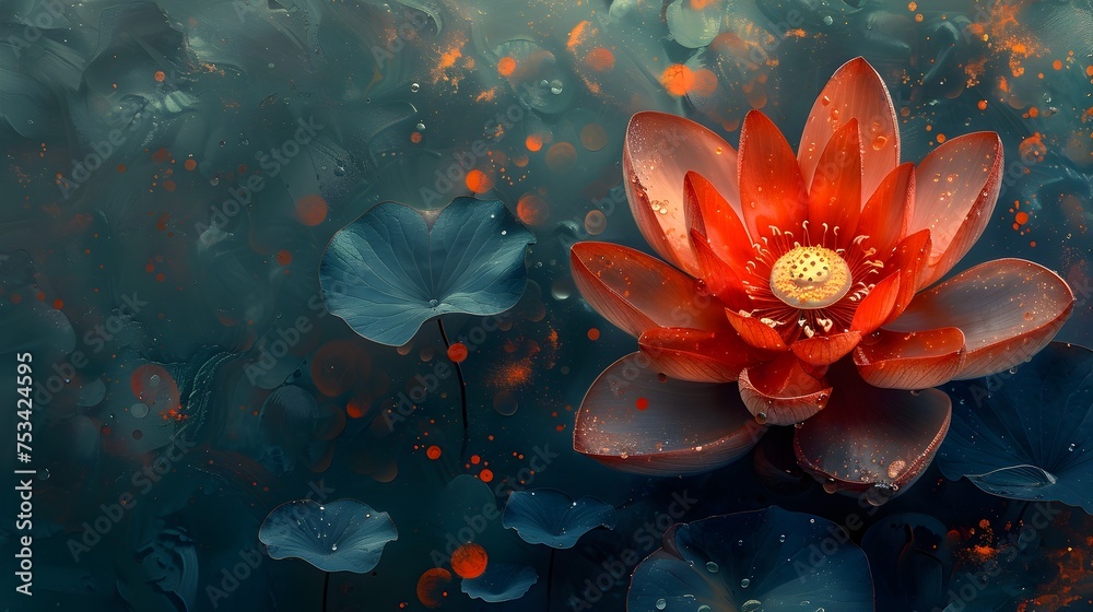 Red Lotus in Blue Water Fantasy Art Illustration, To provide a visually ...