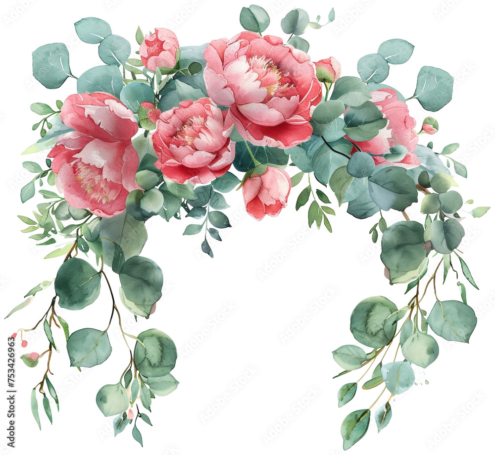 Watercolor floral illustration ,watercolor, pink peonies, greenery ...