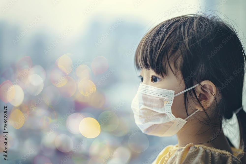 A young girl wearing a face mask is looking out the window. The scene ...