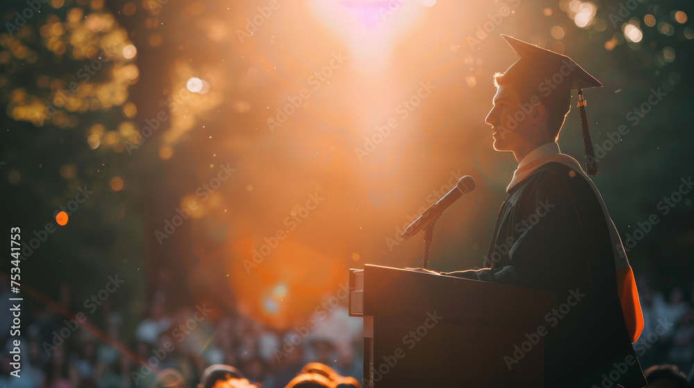 Foto de Valedictorian young student man giving graduation speech to ...