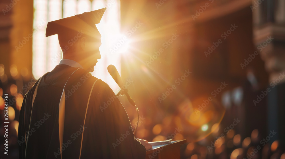 Valedictorian young student man giving graduation speech to other ...