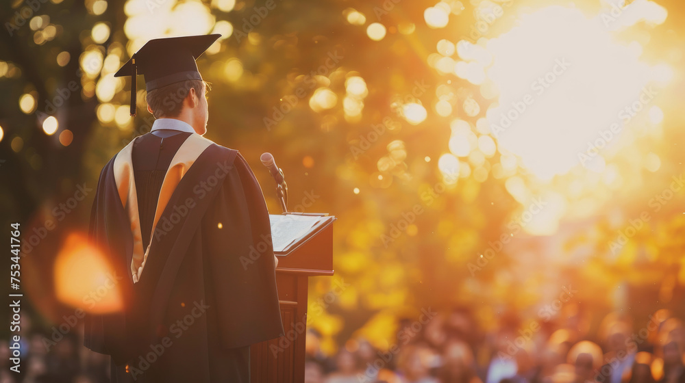 Valedictorian young student man giving graduation speech to other ...