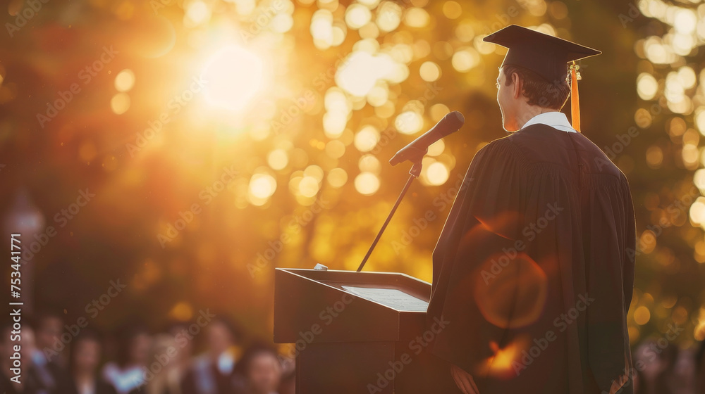 Valedictorian young student man giving graduation speech to other ...