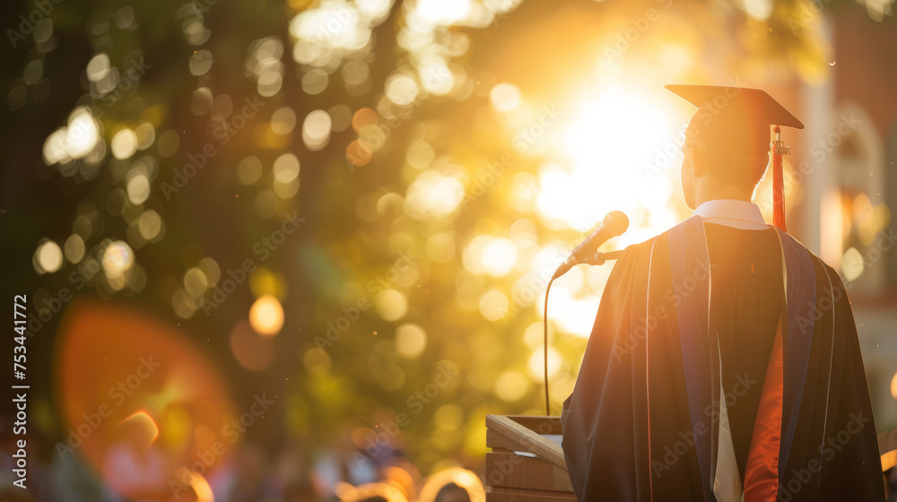 Valedictorian young student man giving graduation speech to other ...