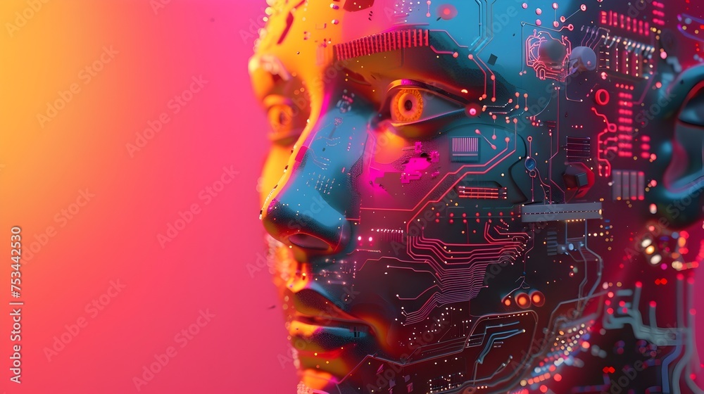 Futuristic Digital Face with Circuit Board and Skeleton, To convey a ...