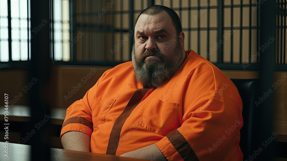 A fat man in an orange prisoner suit sits in jail in a large room with ...