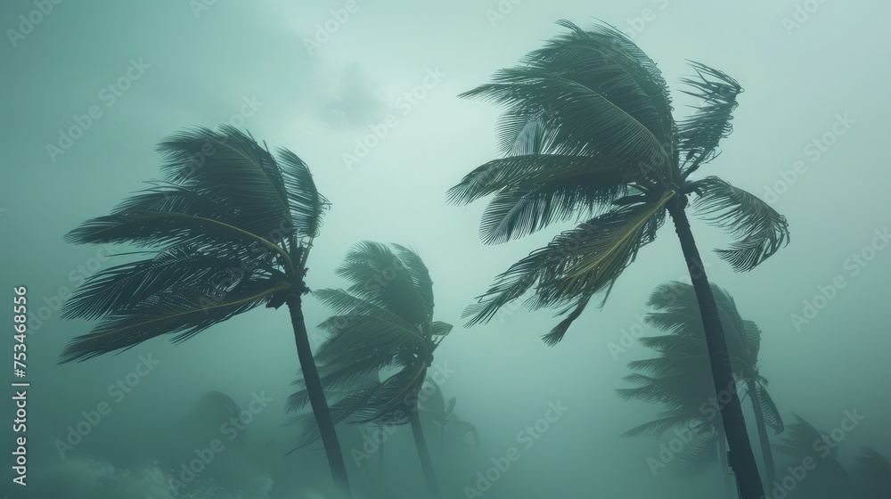 Coconut trees blown by strong winds in a tropical storm under an ...