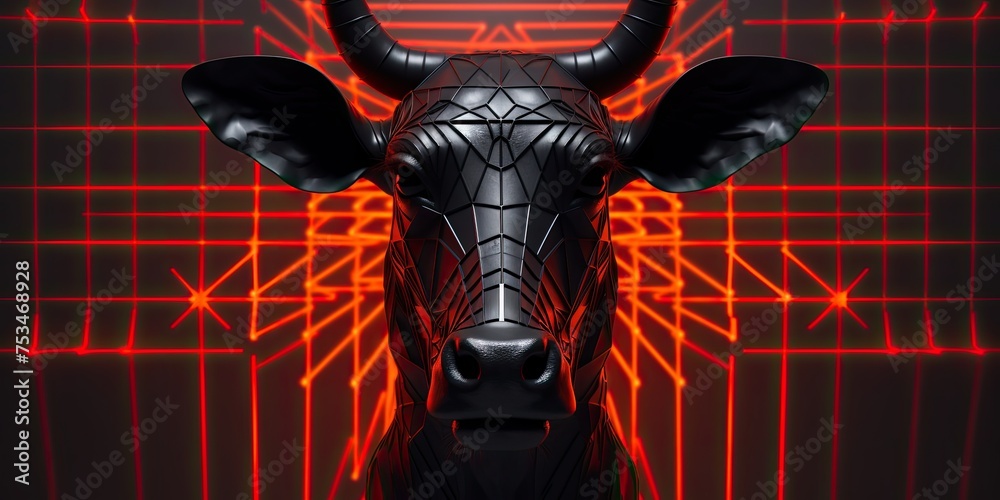 In the shadows, a portrait reveals the regal profile of a black bull ...