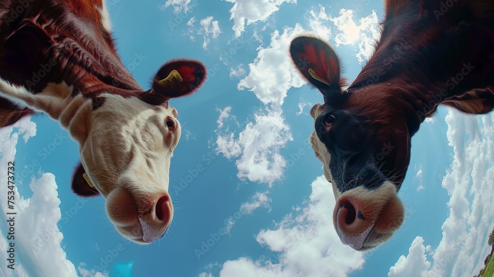 Bottom view of cows standing in a circle against the sky. An unusual ...