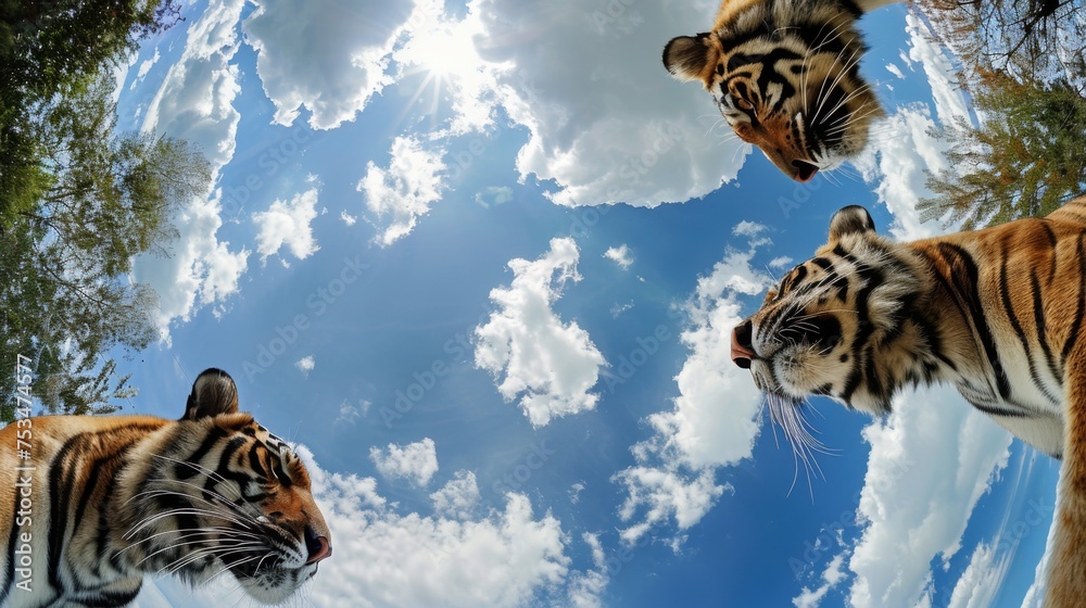 Bottom view of tigers standing in a circle against the sky. An unusual ...