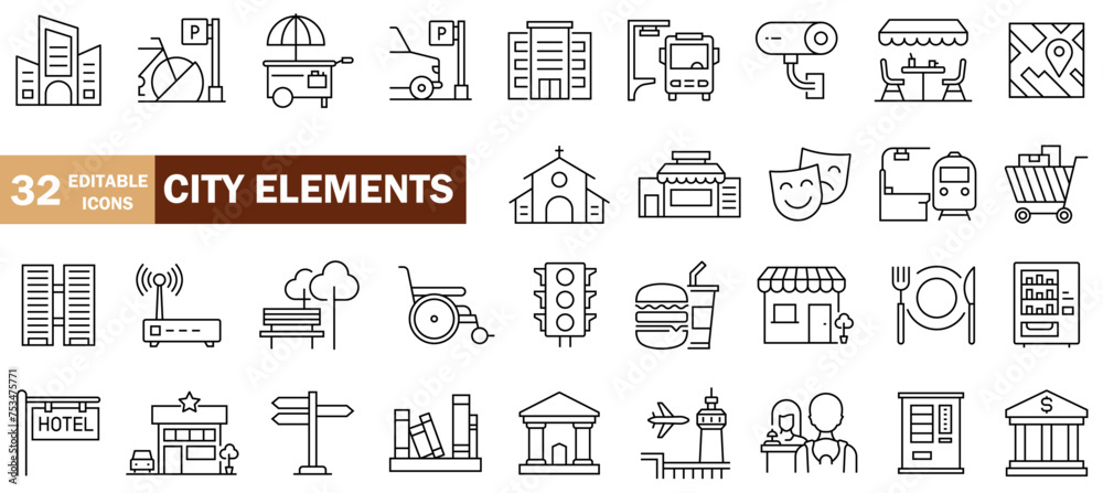 City elements icons, smart city icons, develop city icons, building ...