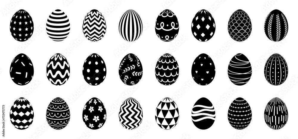 Easter egg icons set on transparent background. Collection of 24 black Easter egg symbols with ...