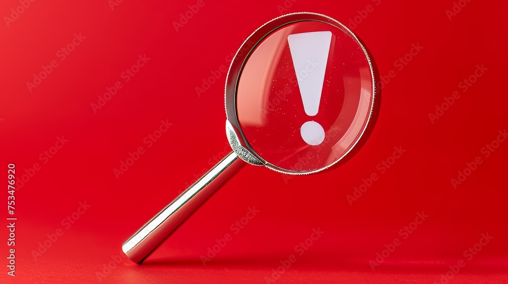 Magnifying glass focusing on an exclamation mark against a red ...