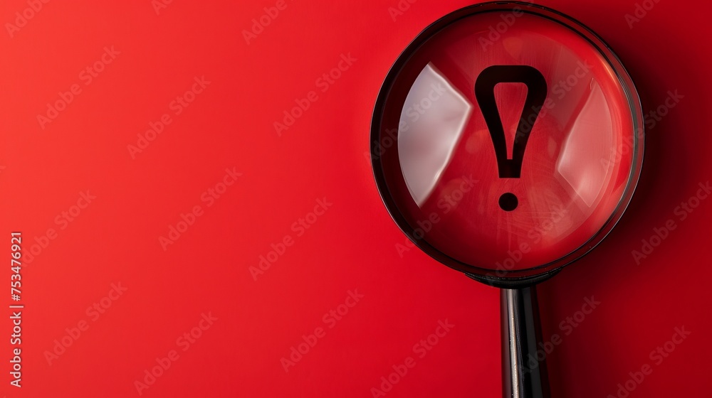 Magnifying glass focusing on an exclamation mark against a red ...