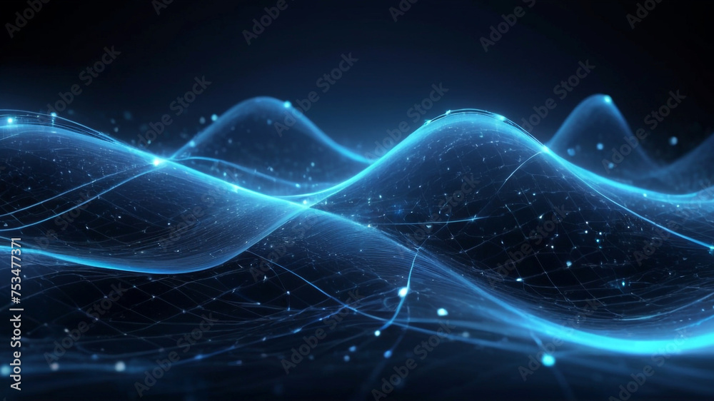 Abstract blue tech background with digital waves, dynamic network system, artificial neural ...