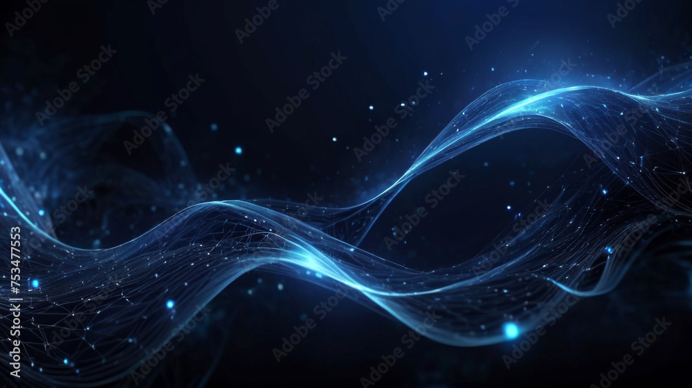 Abstract blue tech background with digital waves, dynamic network system, artificial neural ...