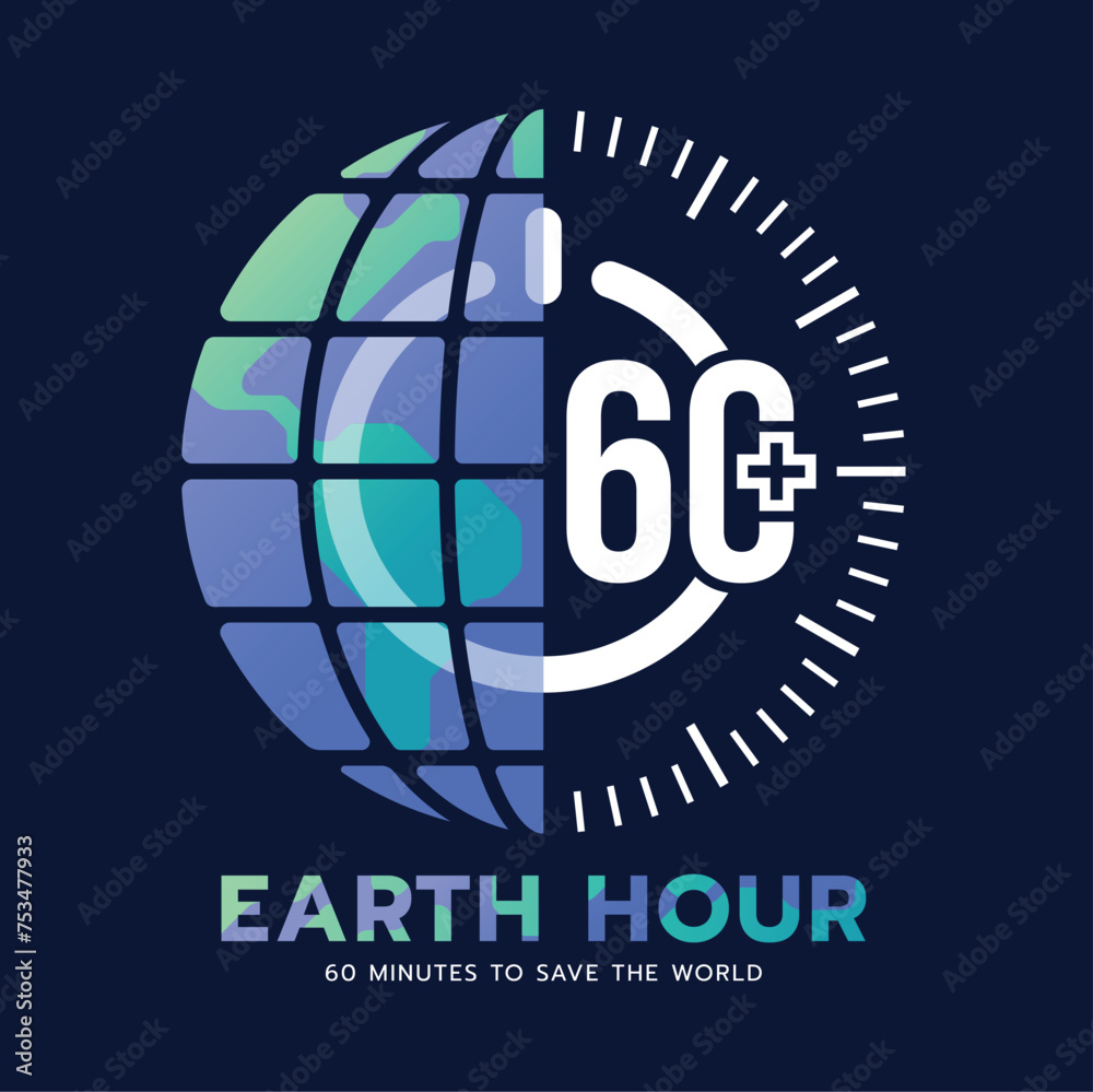 Earth hour, 60 minutes to save the world - Half globe and clock lines ...