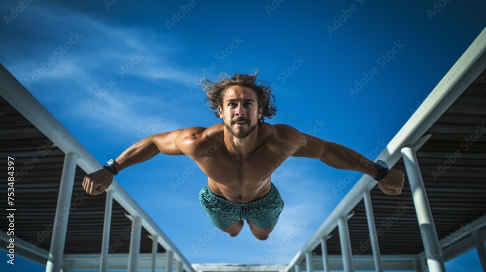 A male sports swimmer Jumps, plunges from a springboard into a pool ...