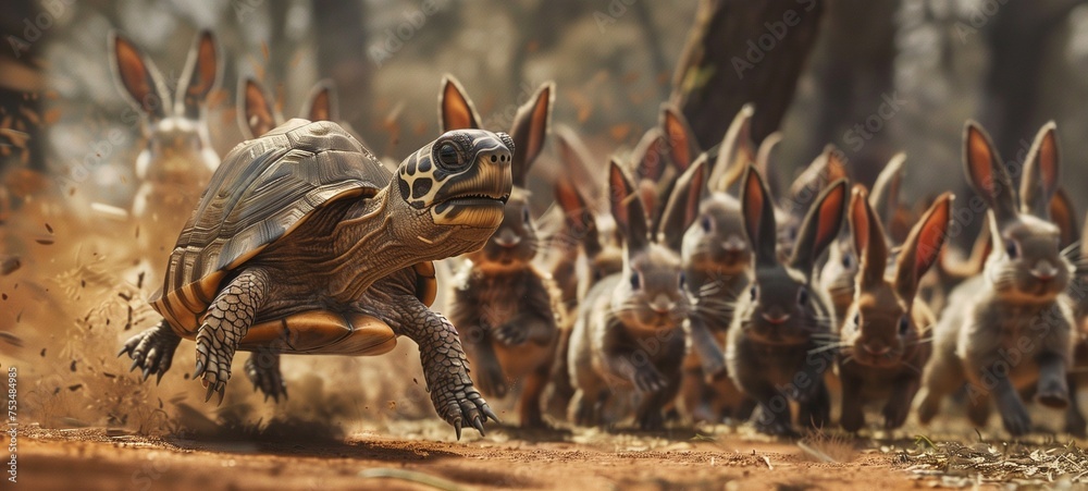 Fable-inspired concept. A turtle races ahead of a pack of rabbits, a ...