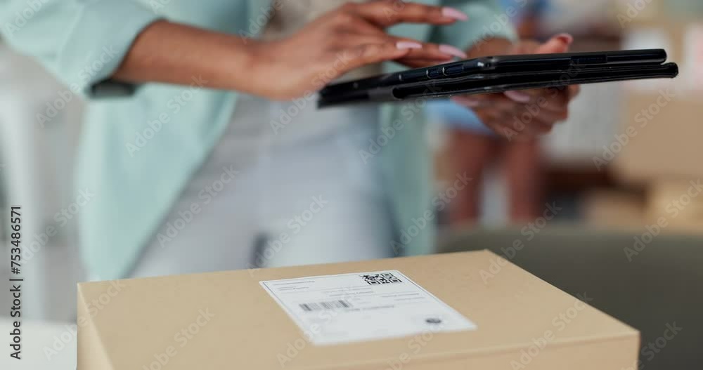 Hands, box and scanner for barcode, shipping and tablet for stock ...