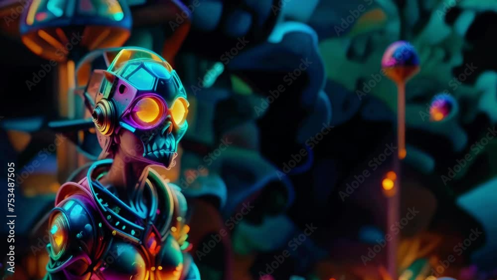 Mesmerizing VJ loop animation featuring a neon skeleton wearing a ...