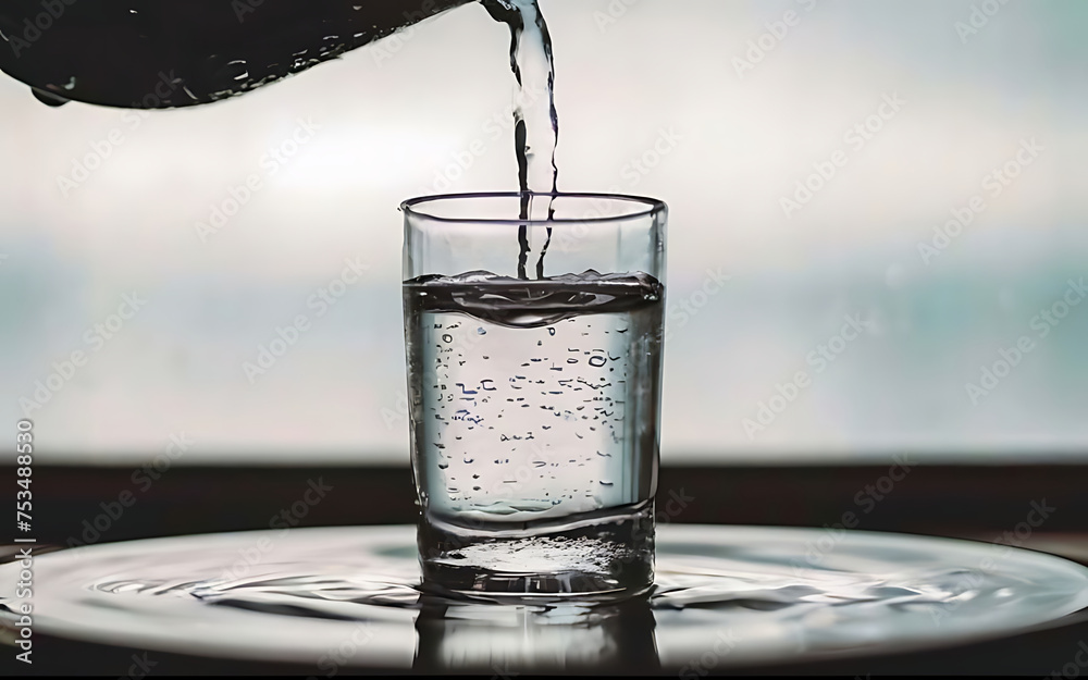 Clear drinking water falls into a clear glass healthy wholesome fresh ...