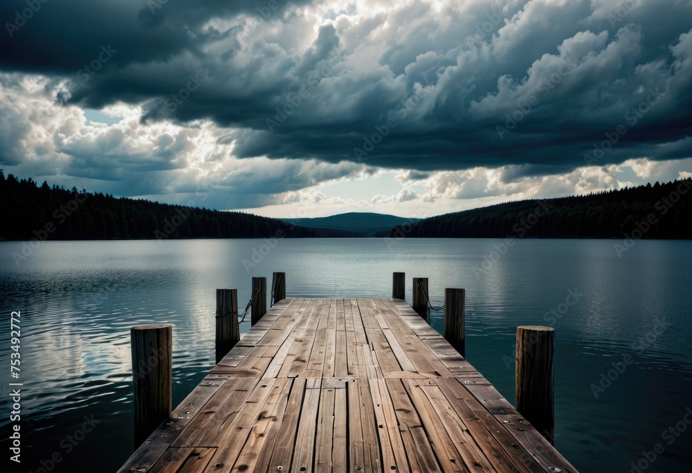 A dock extending over a serene lake, with a cloudy sky providing a ...