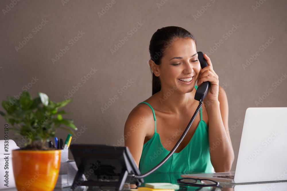 Phone call, remote work and landline with woman secretary in office for ...
