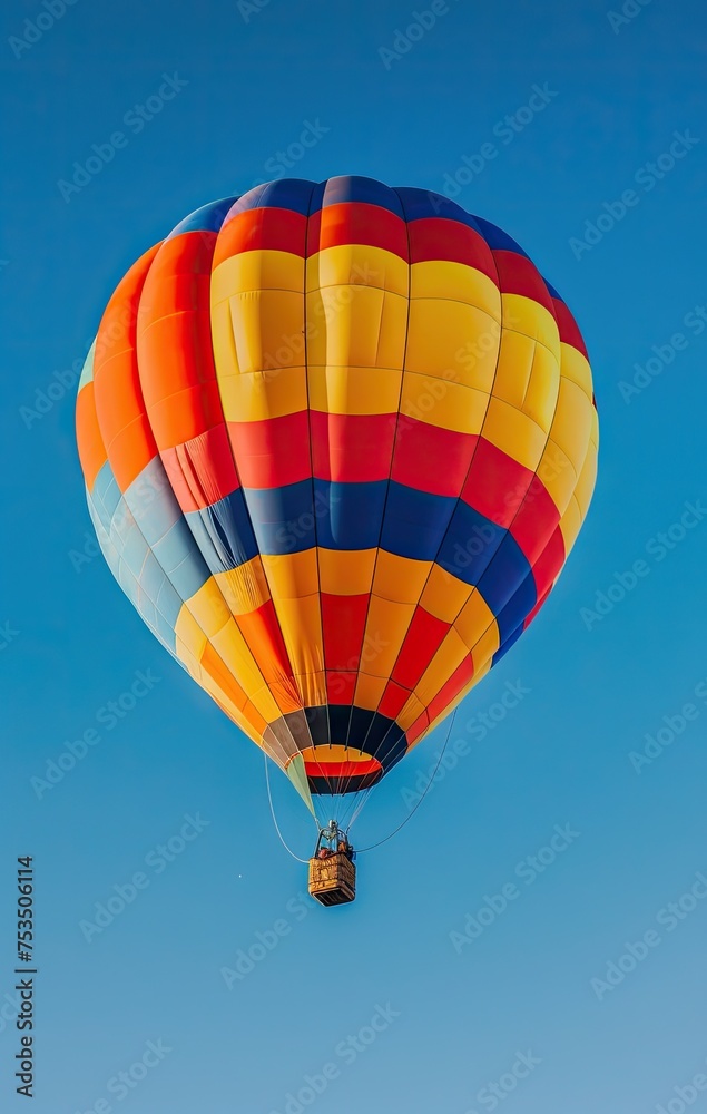 large colorful hot air balloon flying through the clear blue sky with ...