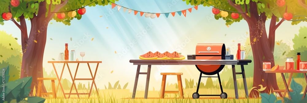 Bbq party background with grill. Barbecue poster. Flat style, panoramic ...