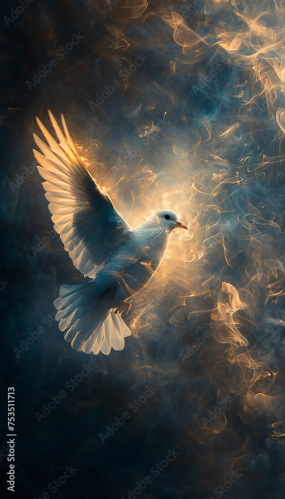 Vertical recreation of a white dove, as Holy Spirit, flying with the ...