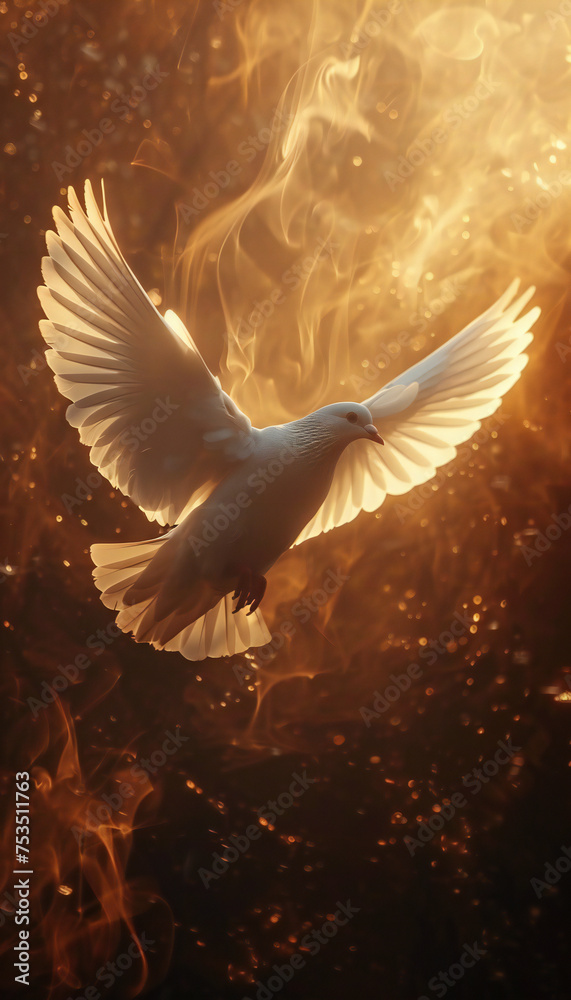 Vertical recreation of a white dove, as Holy Spirit, flying with the ...