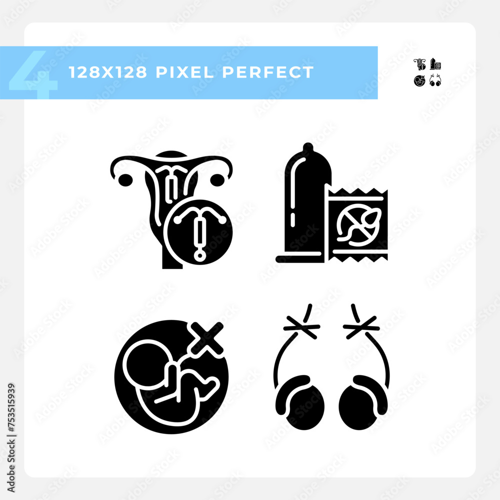 Pregnancy prevention methods black glyph icons set on white space ...
