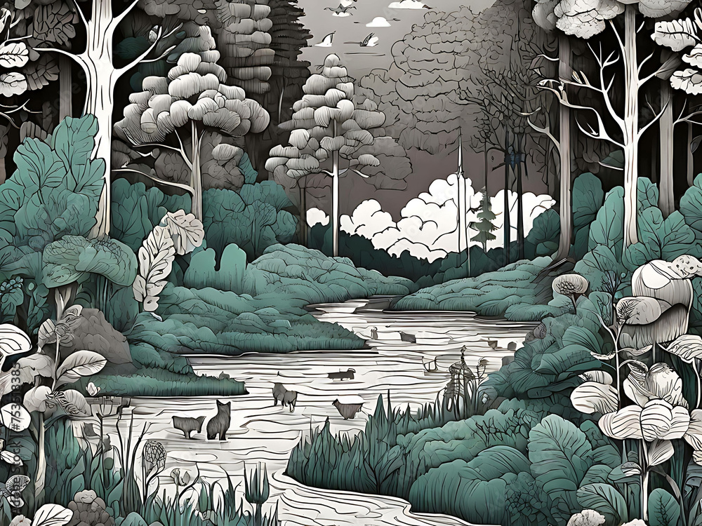 "Seamless Line Art: Hidden Animals in Dense Forest" Stock Illustration ...