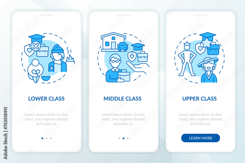 Class structure blue onboarding mobile app screen. Social ...