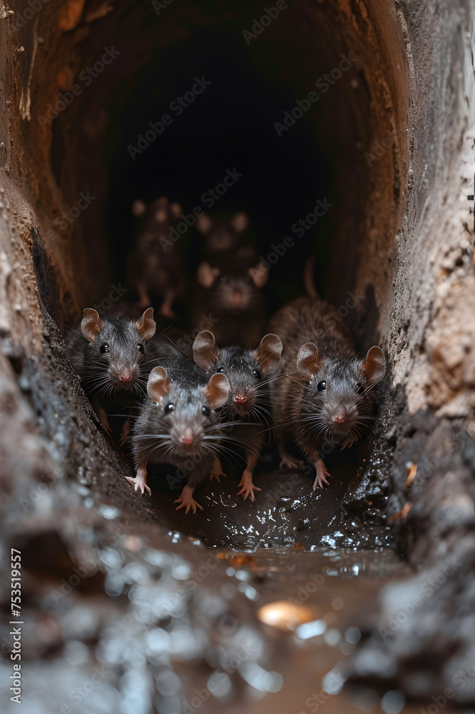 Rats looking from the tunnel of the sewers. Group of wild animals in ...